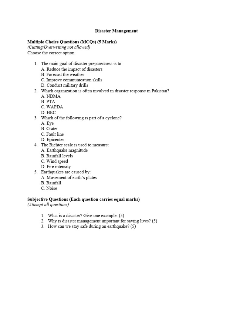 Sample Paper For The Entry Test of BS Disaster Management | PDF