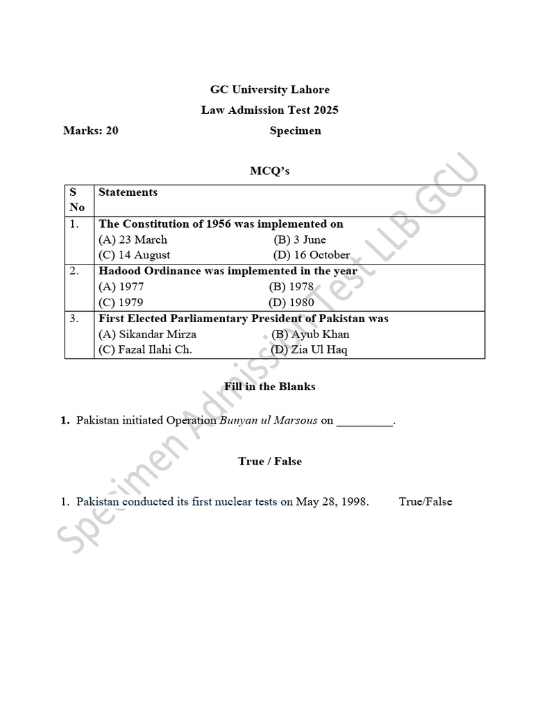 Sample Paper For The Entry Test of BS LLB (Law) | PDF