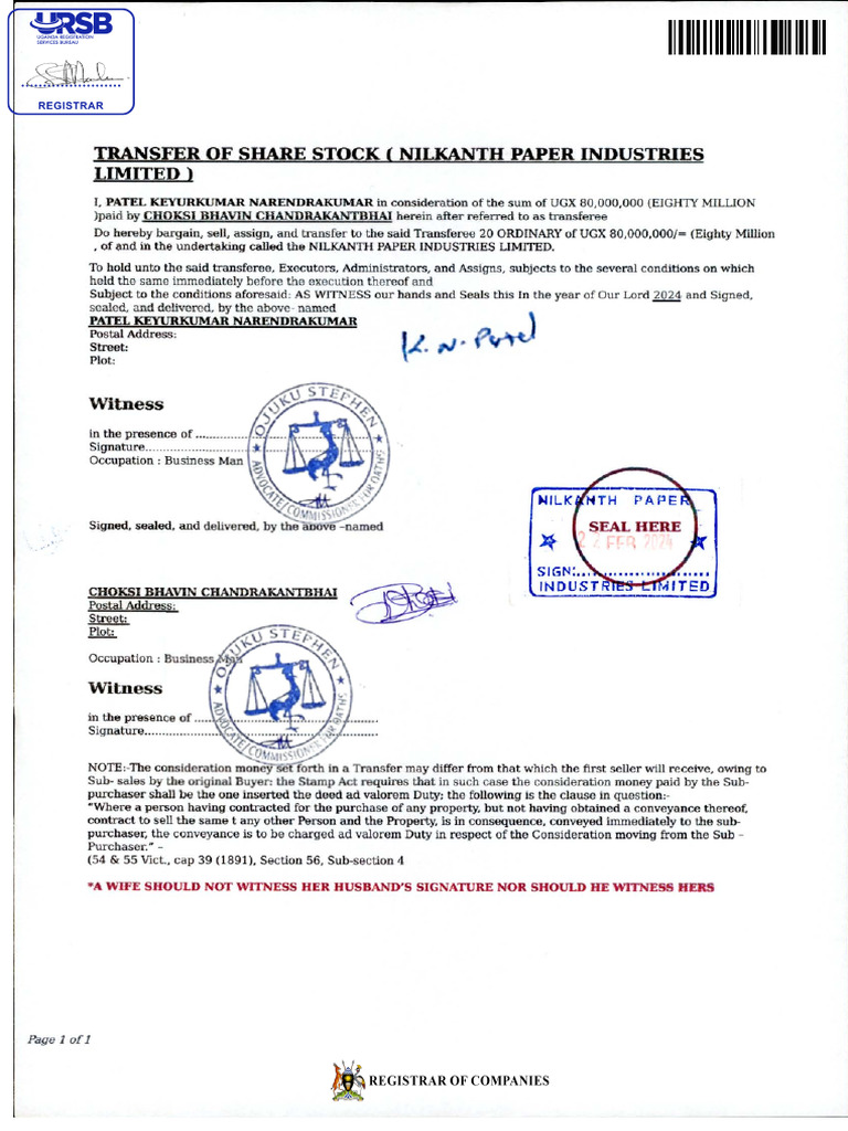Registered Copy Transfer Form For Patel Keyurkumar Narendrakumar To ...
