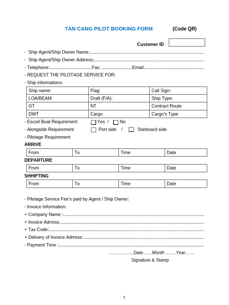 Tan Cang Pilot Booking Form | PDF | Ships | Shipping