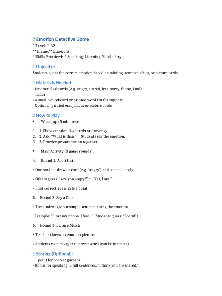 Emotion Detective Game A2 Level | PDF
