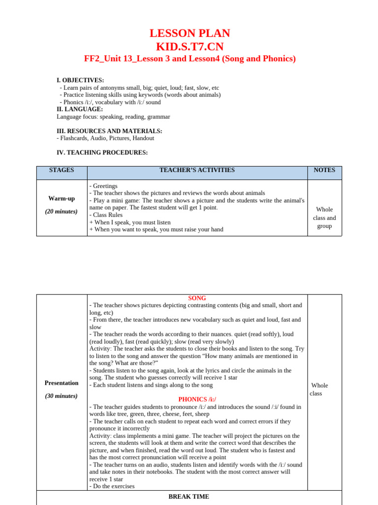 Lesson Plan Kid.s.t7.Cn Unit 13 l3, 4 | PDF | Phonics | Cognitive Science