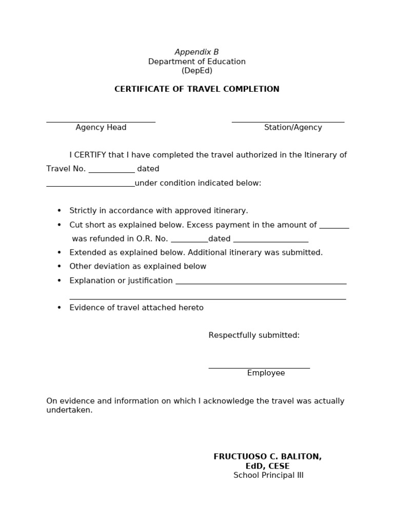 Certificate of Travel Completion | PDF
