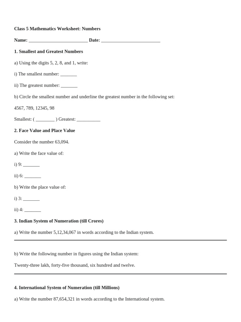 Class 5 Maths Worksheet: Number System | PDF