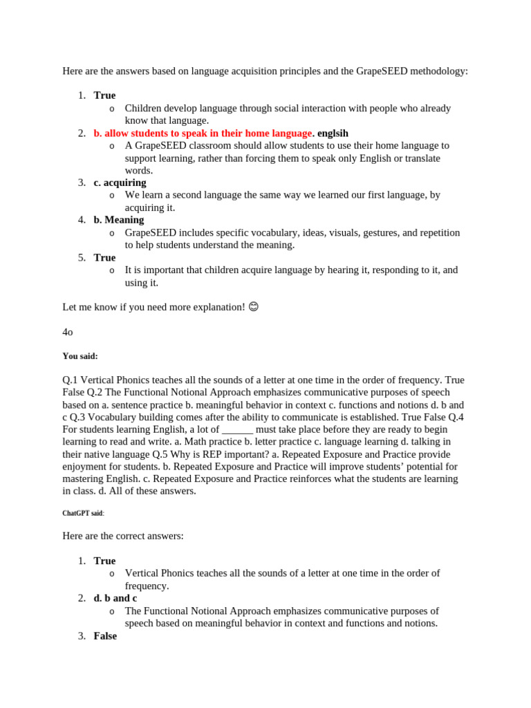 Here Are The Answers Based On Language Acquisition Principles and The GrapeSEED Methodology ...