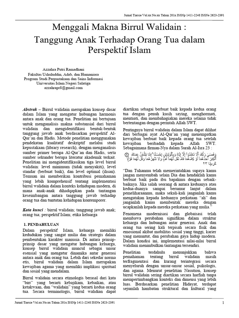 Menggali Makna Birrul Walidain: Tanggung Anak Terhadap Orang Tua Dalam Perspektif Islam | PDF