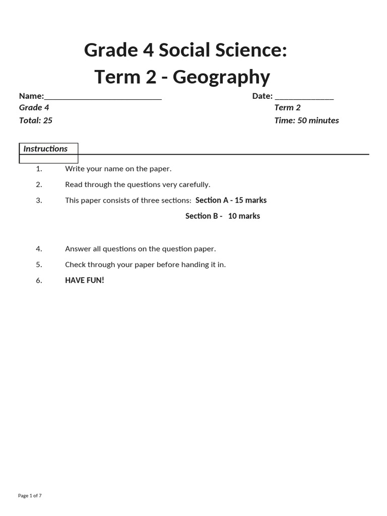 Grade 4 Geography Midyear Assessment | PDF