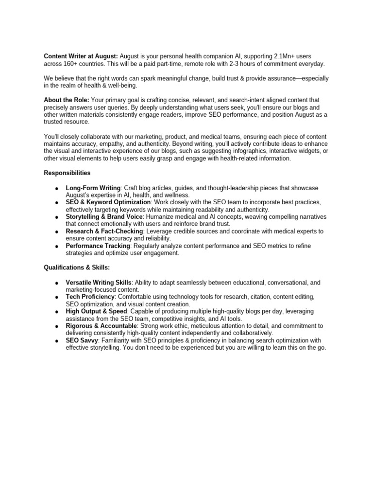 Content Writer at August AI | PDF | Search Engine Optimization | Artificial Intelligence