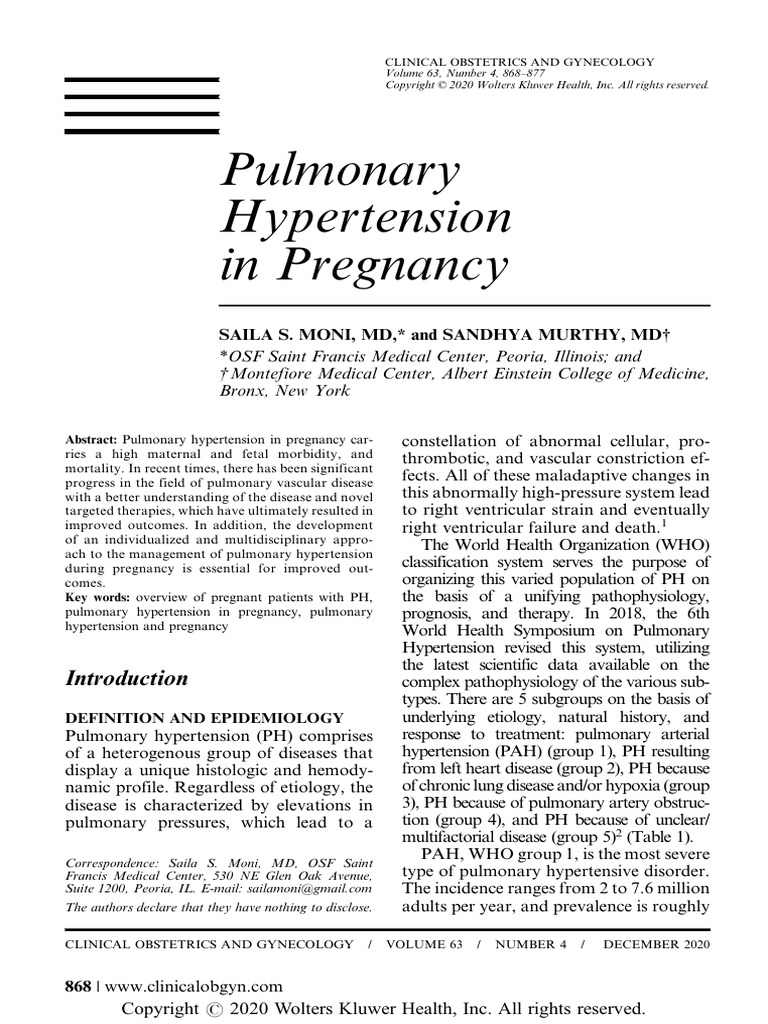 Pulmonary Hypertension in Pregnancy: Saila S. Moni, MD, and Sandhya ...