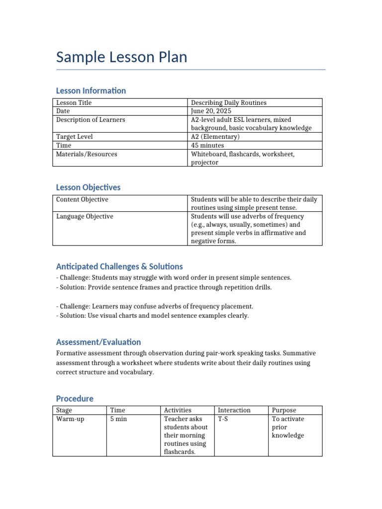 Sample Lesson Plan With Tables | PDF | Educational Assessment | Vocabulary