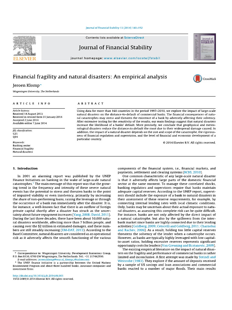 Financial Fragility and Natural Disaster | PDF