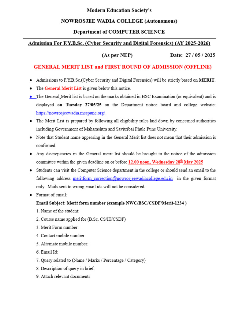 F.Y.B.Sc - .Cyber Security and Digital Forensics General Merit List and ...