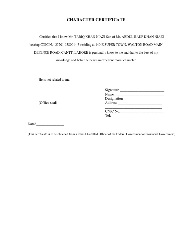 Character Certificate Final South Asia Government Of Pakistan