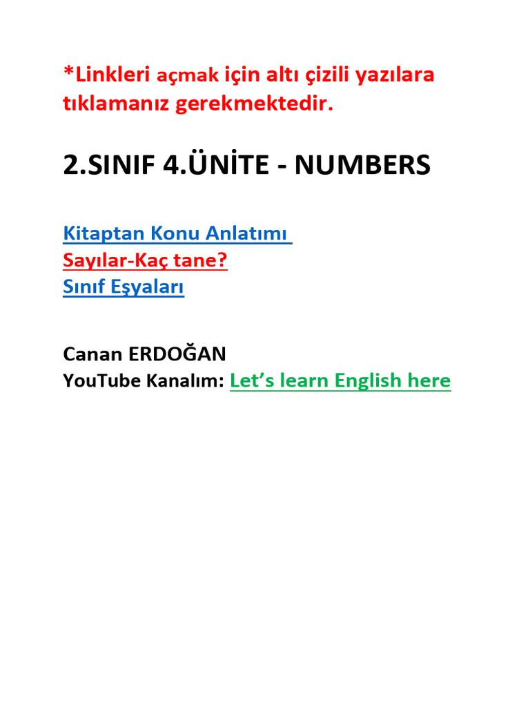 2.sinif Ingilizce Dersi 4.unite Numbers Konu Anlatimi | PDF