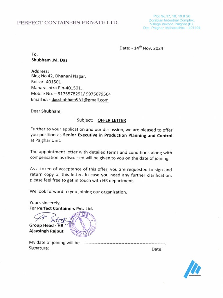 Offer Letter -Shubham Das- PPC-IMN (1) | PDF