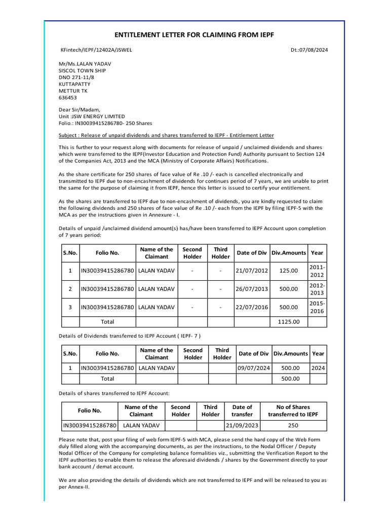 Entitlement Letter for IEPF Claim | PDF