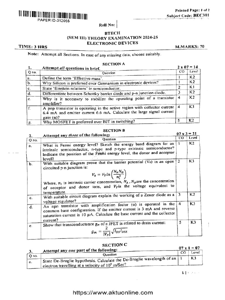 Btech Ec 3 Sem Electronic Devices Bec301 2025 | PDF