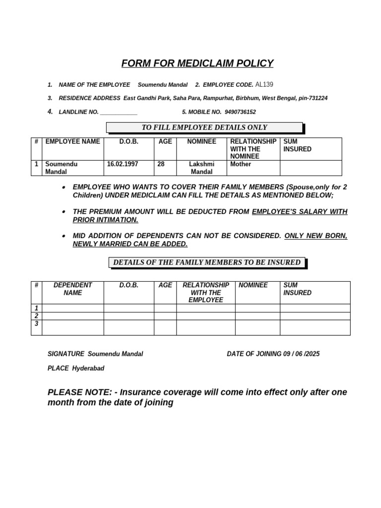 Employee Mediclaim Form | PDF
