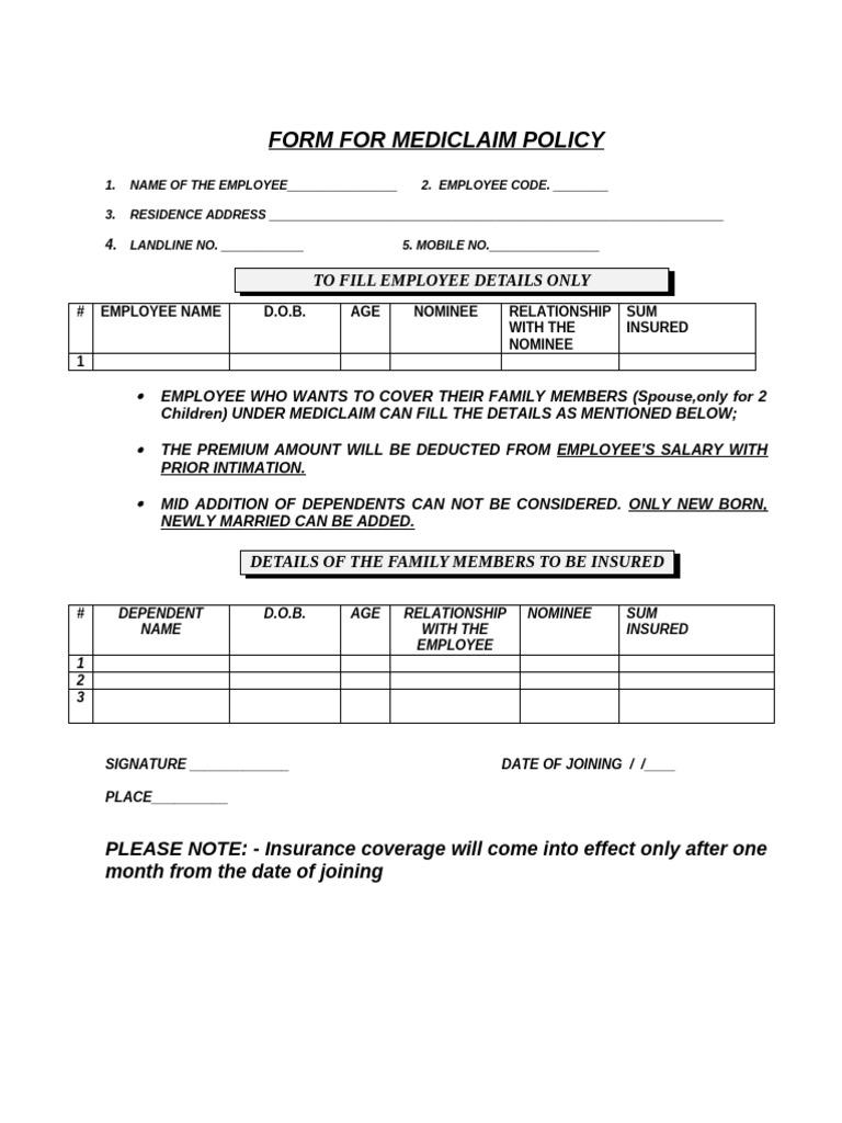 Employee Mediclaim Form | PDF
