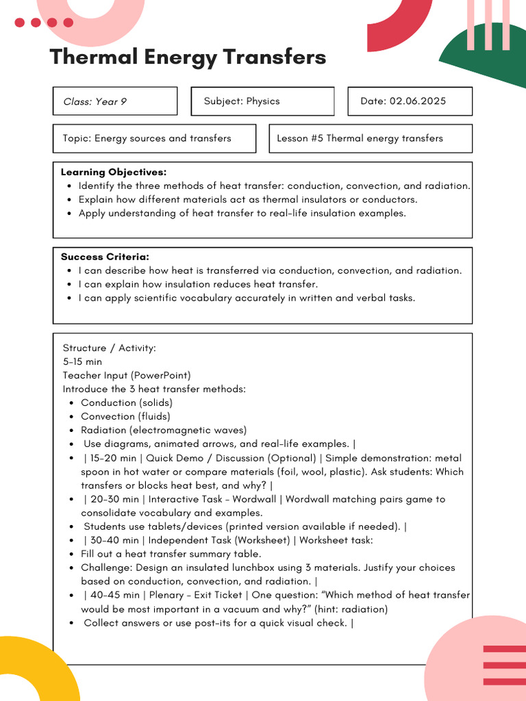 Year 9 Thermal Energy Transfers Lesson | PDF | Heat Transfer | Thermal ...
