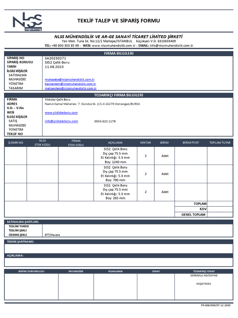 Yildizlar Boru Fiyat Teklif Formu | PDF