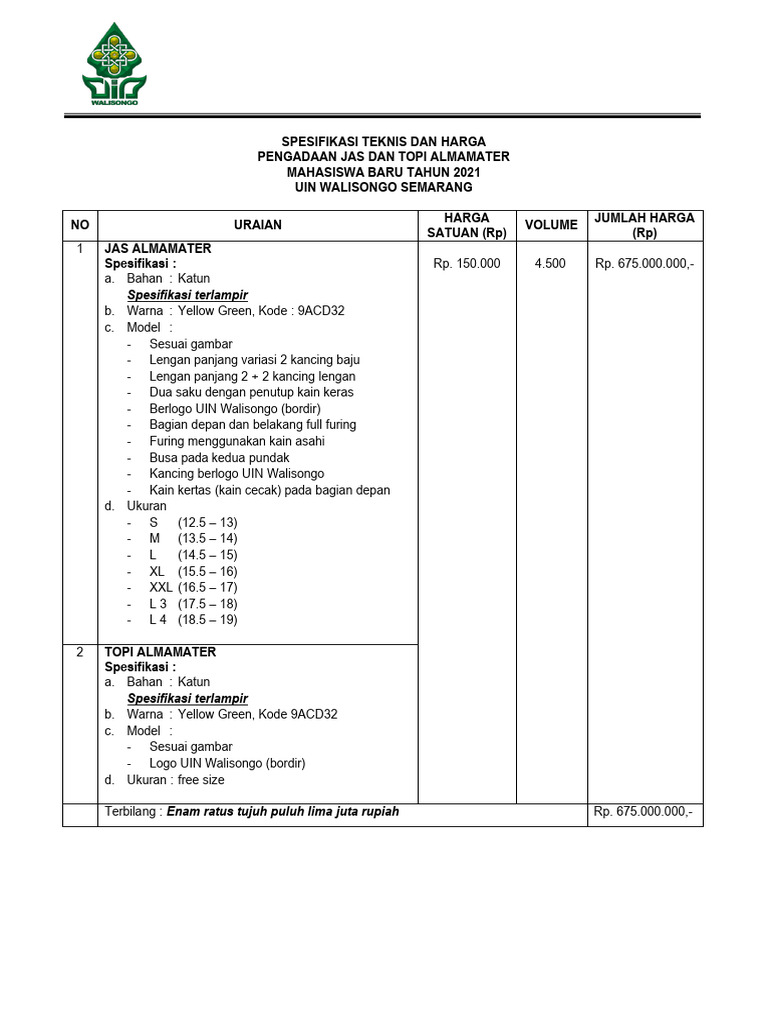 Spesifikasi Jas dan Topi Almamater UIN | PDF