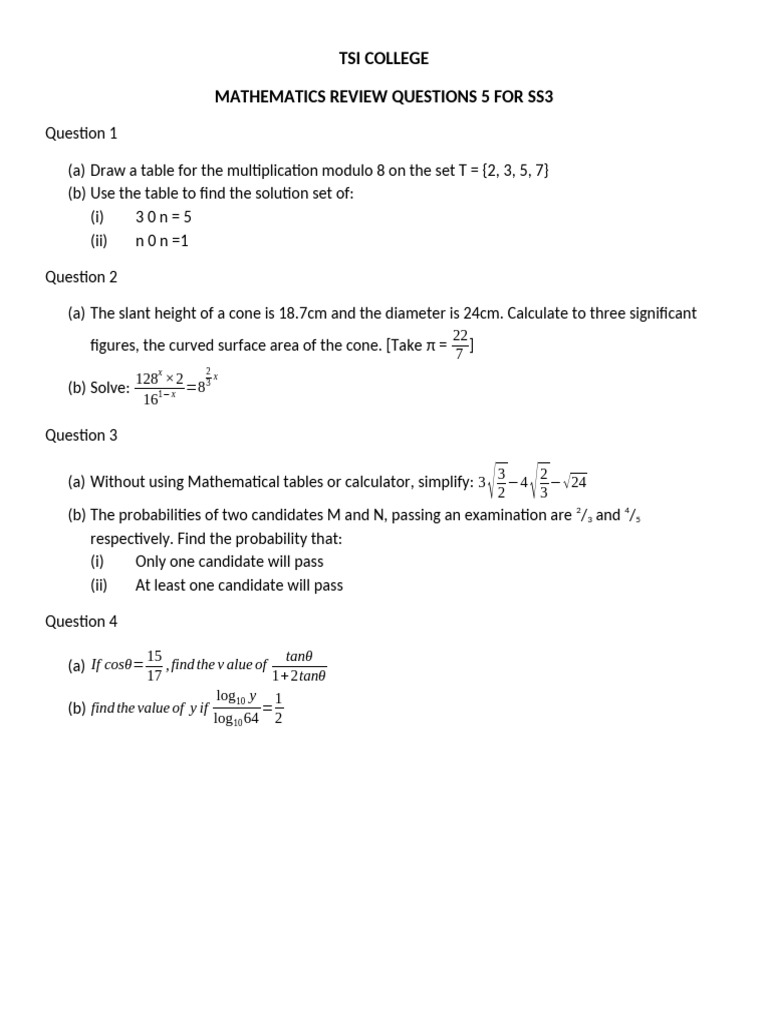 Mathematics Review Questions 5 For Ss3 | PDF | Mathematics