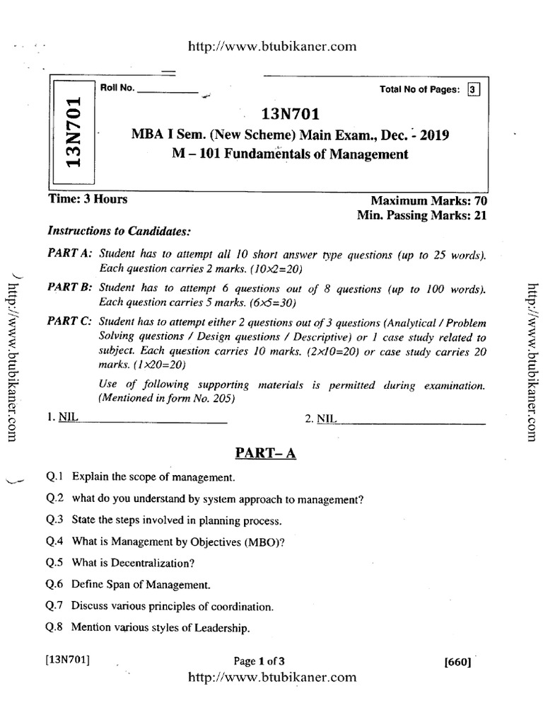 Mba 1 Sem Fundamentals of Management 13n701 Dec 2019 | PDF