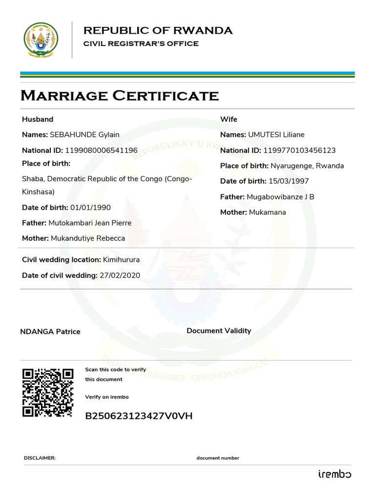 Marriage Certificate: Republic of Rwanda | PDF