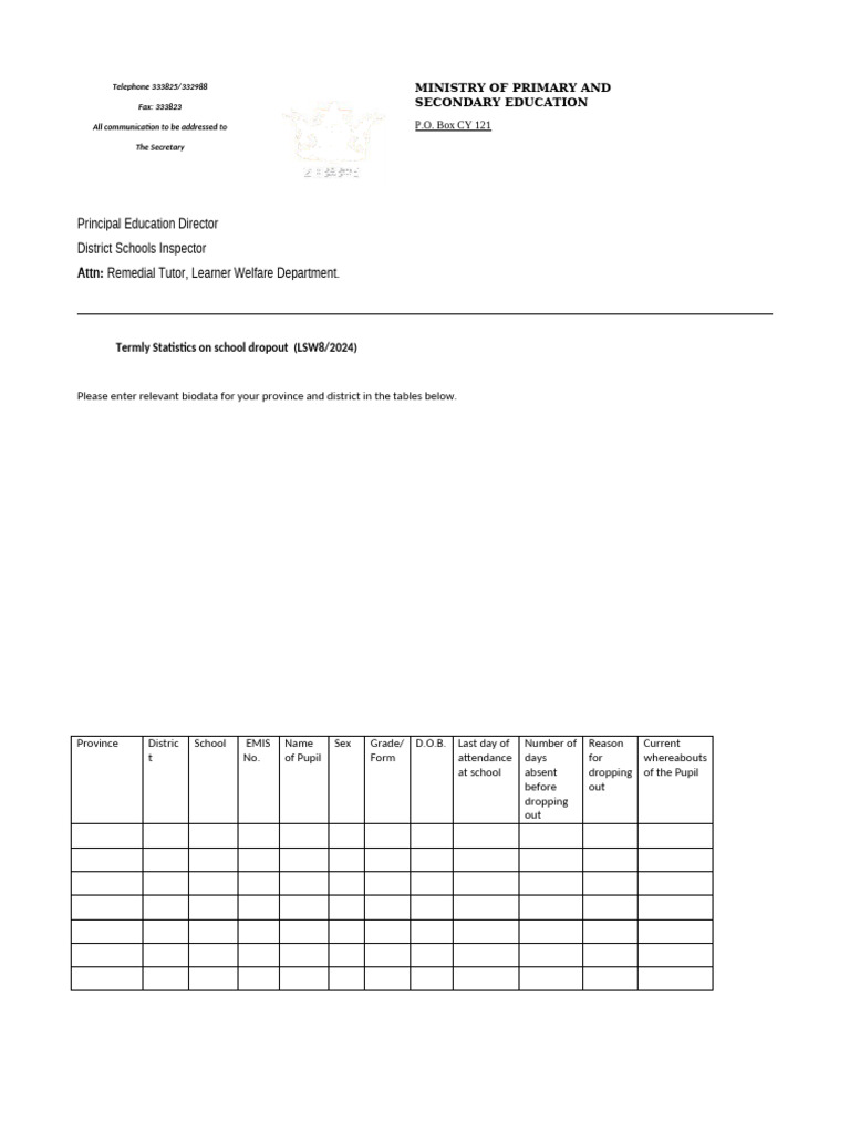 Reporting Form For School Drop Out | PDF