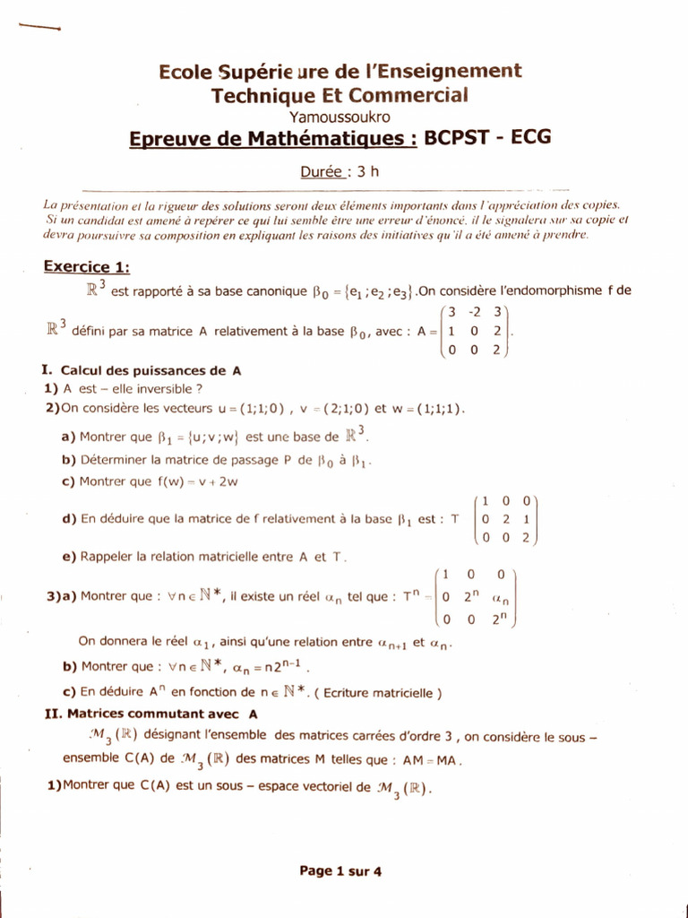 Concours Blanc 1 - Epreuve de Mathématiques (BCPST 2) (Esetec) (2022-2023) | PDF