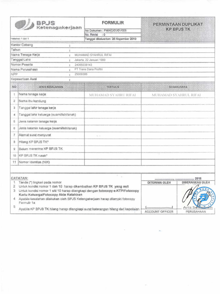 Formulir Permintaan Duplikat KP BPJS TK | PDF