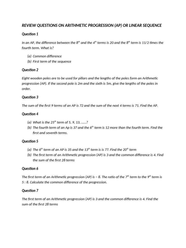 Review Questions On Arithmetic Progression | PDF | Arithmetic | Mathematics