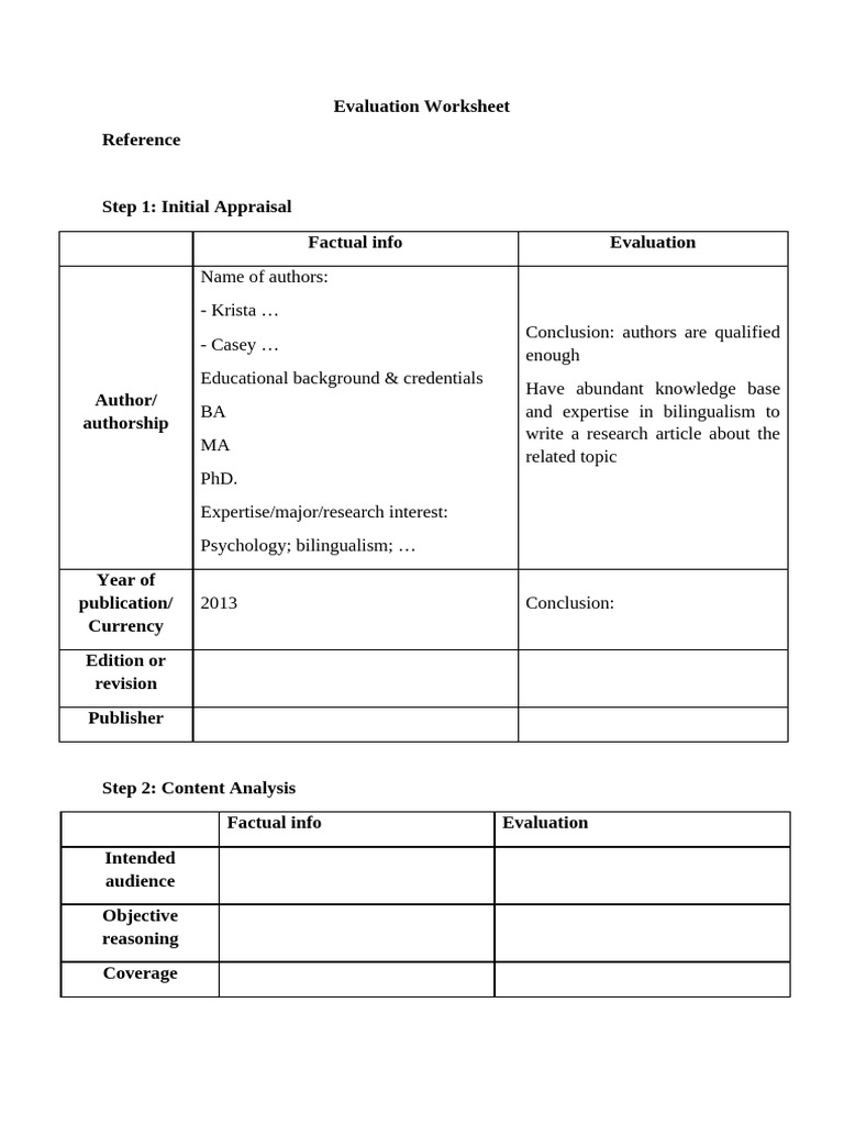 EVALUATION Worksheet | PDF