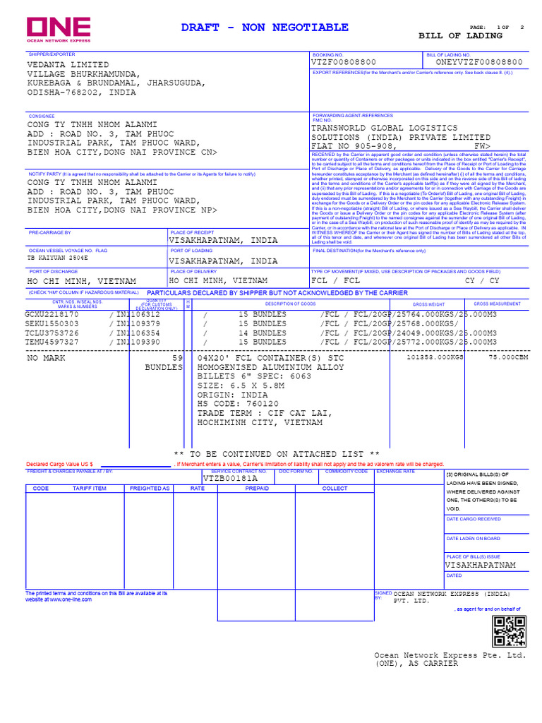 ONEYVTZF00808800 Draft 20250304031313 | PDF | Bill Of Lading | Cargo
