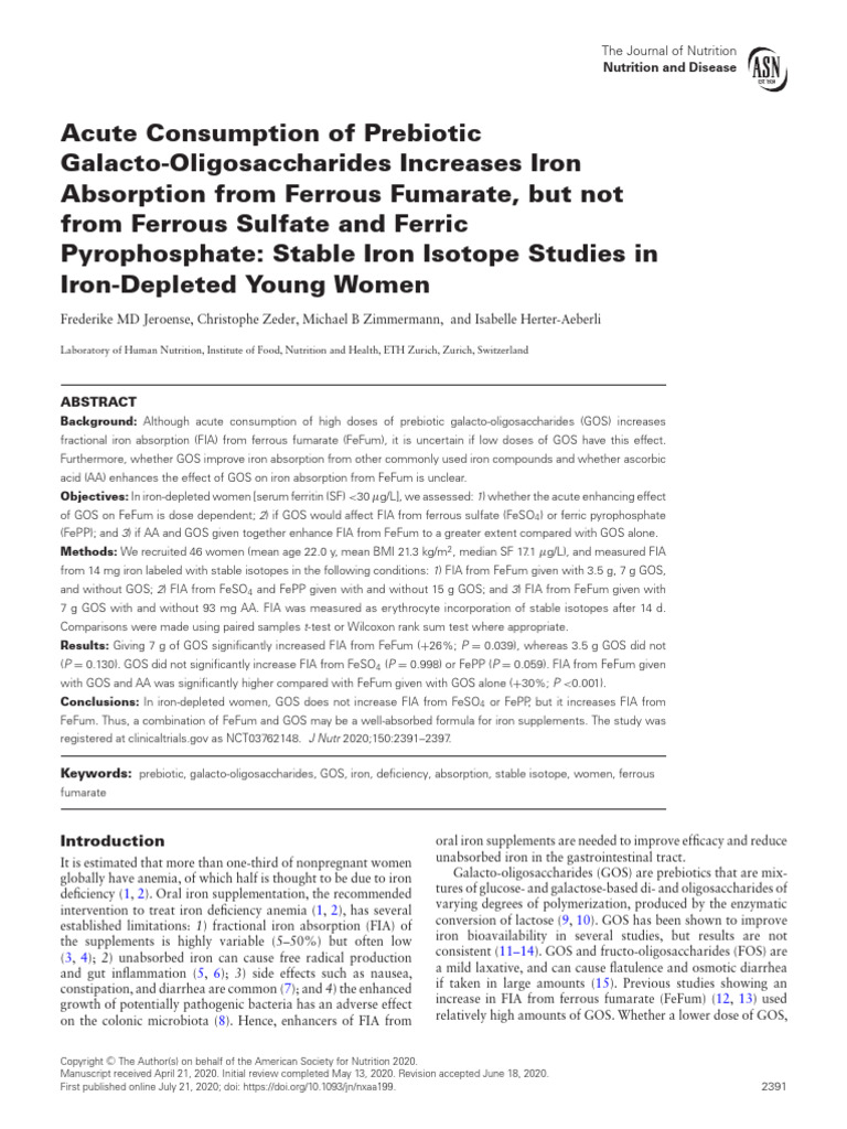Acute Consumption of Prebiotic Galacto Oligosaccha | PDF | Iron | Isotopic Labeling