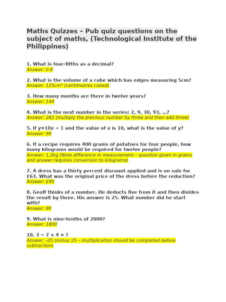 Maths Quizzes | PDF