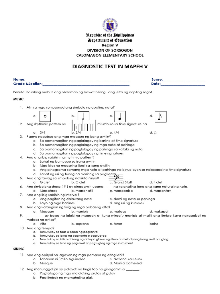 Diagnostic Test - Mapeh 5 v2 | PDF
