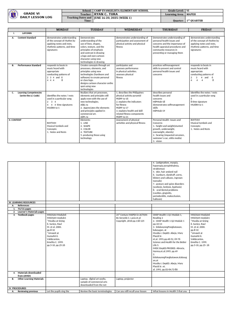 DLL_MAPEH 6_Q1_W1 | PDF | Rhythm | Teachers