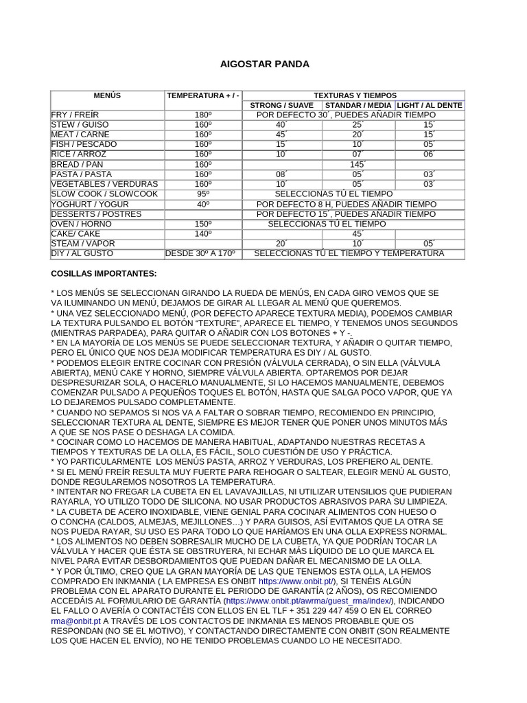 Recetario Aigostar Panda: Guía de Cocción | PDF | Inicio | Cocinando