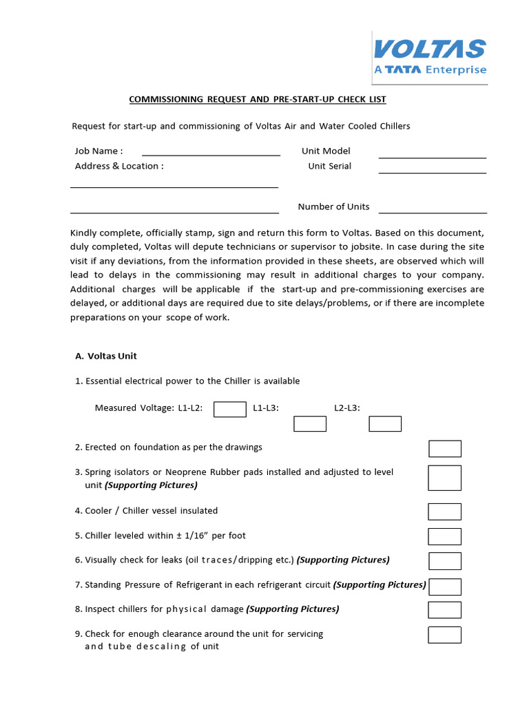 Pre-Start Up Checklist Voltas 2021 | PDF | Pump | Valve