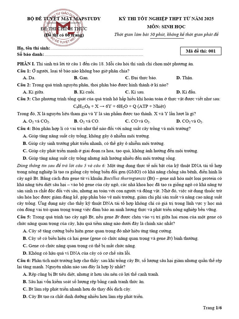 Đề Sinh - Chuẩn Form BGD - Đề Số 1 | PDF