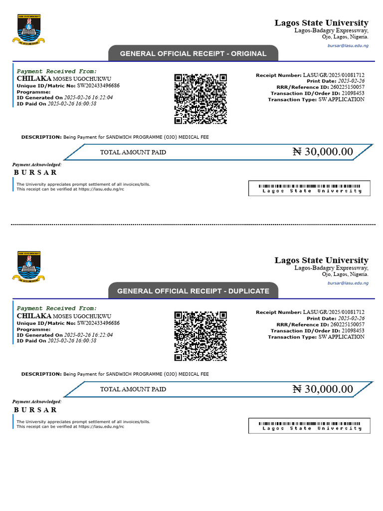 Chilaka Moses - Payment For Sandwich Programme (Ojo) Medical Fee | PDF | Receipt | Payments