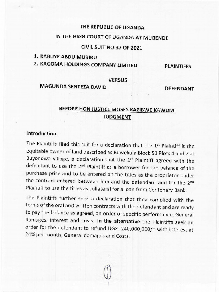 Kabuye Abdu Mubiru Kagoma Holdings Company Limited V Magunda Senteza ...