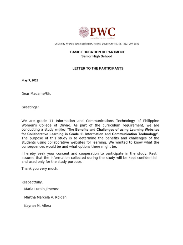 Letter To Conduct A Study | PDF