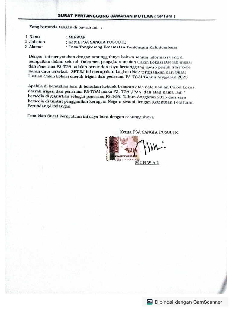 Usulan & SPTJM Sangia Pusuute | PDF