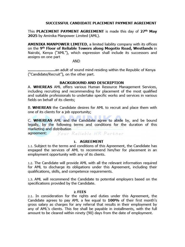 Aminika Manpower Placement Agreement | PDF | Mediation | Arbitration