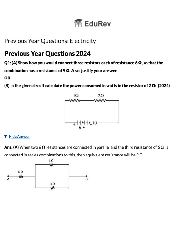 Electricity Previous Years QP With Answers | PDF