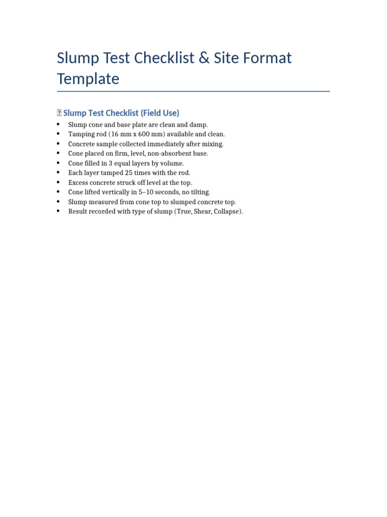 Slump Test Checklist and Site Format | PDF