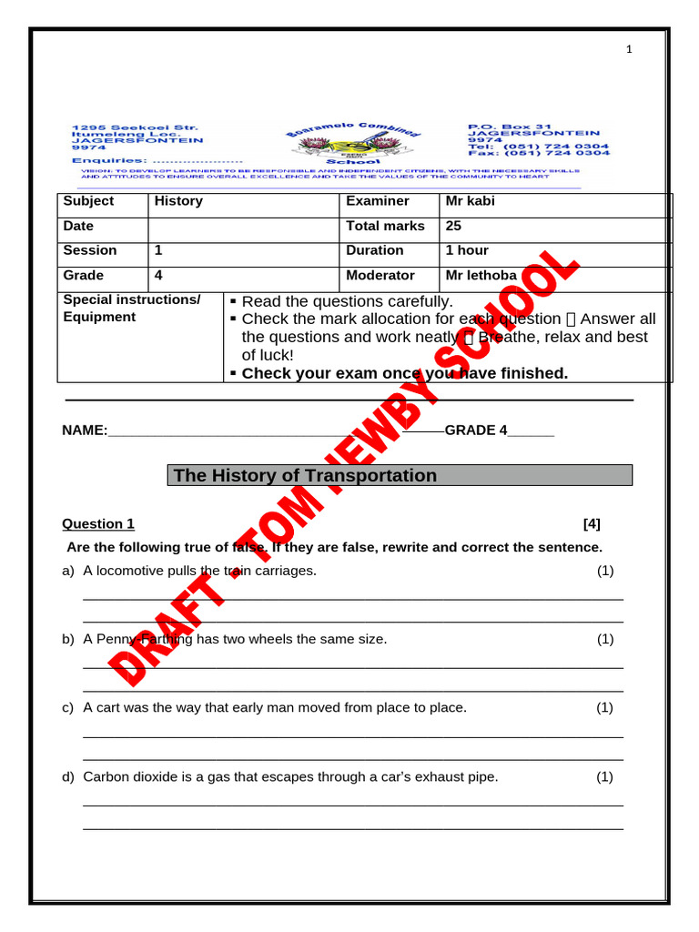 Grade 4 History September Test | PDF | Transport